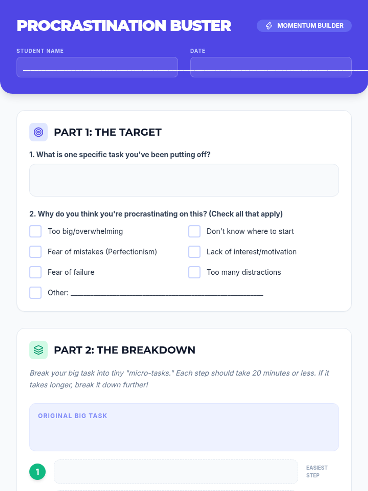 Procrastination Buster Worksheet • Material • Lenny Learning