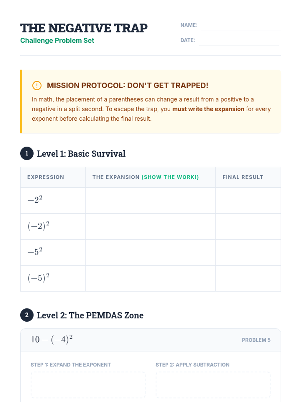 Negative Trap Challenge Worksheet • Material • Lenny Learning