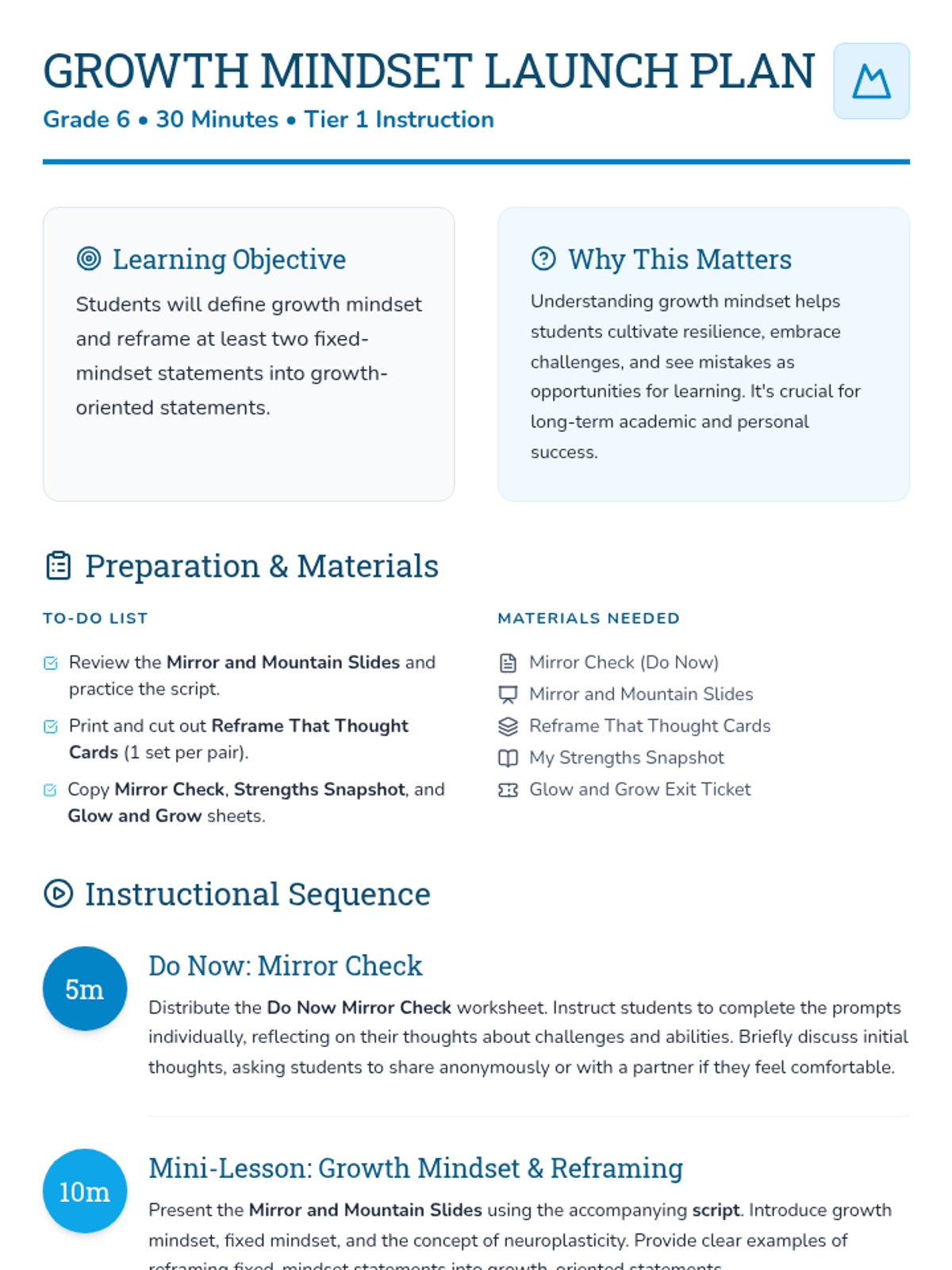 Growth Mindset Launch Plan Lesson Plan • Material • Lenny Learning