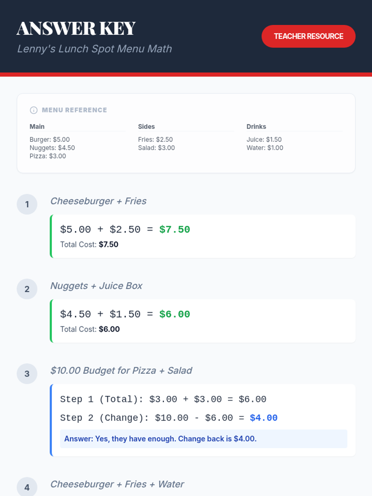Menu Math Madness Answer Key • Material • Lenny.com