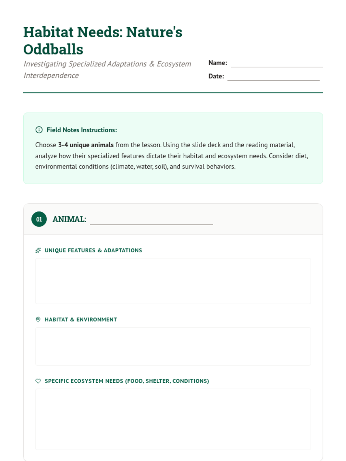 Habitat Needs Worksheet Student Version Nature Oddballs • Material ...