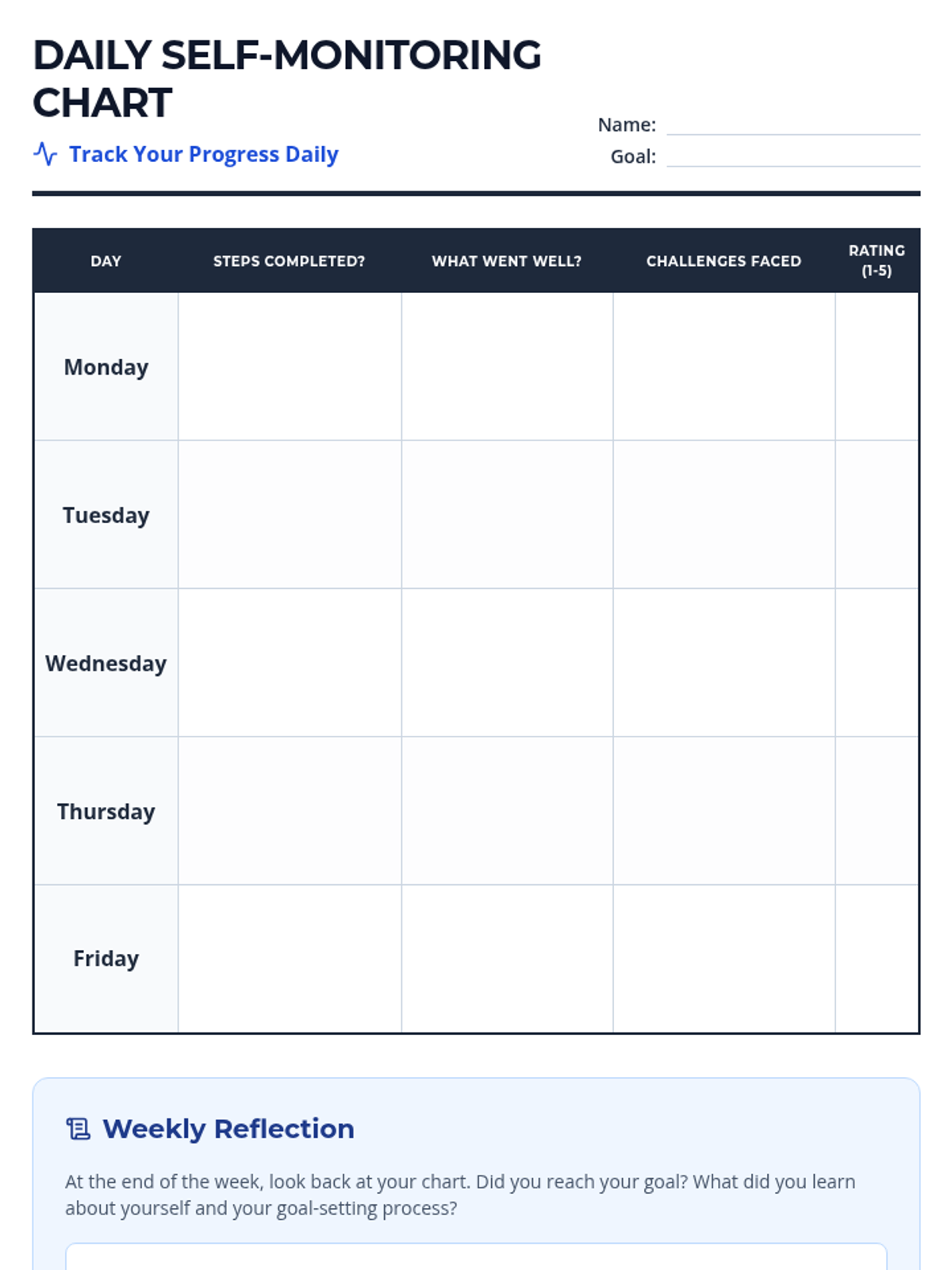 Daily Self Monitoring Chart Worksheet • Material • Lenny Learning
