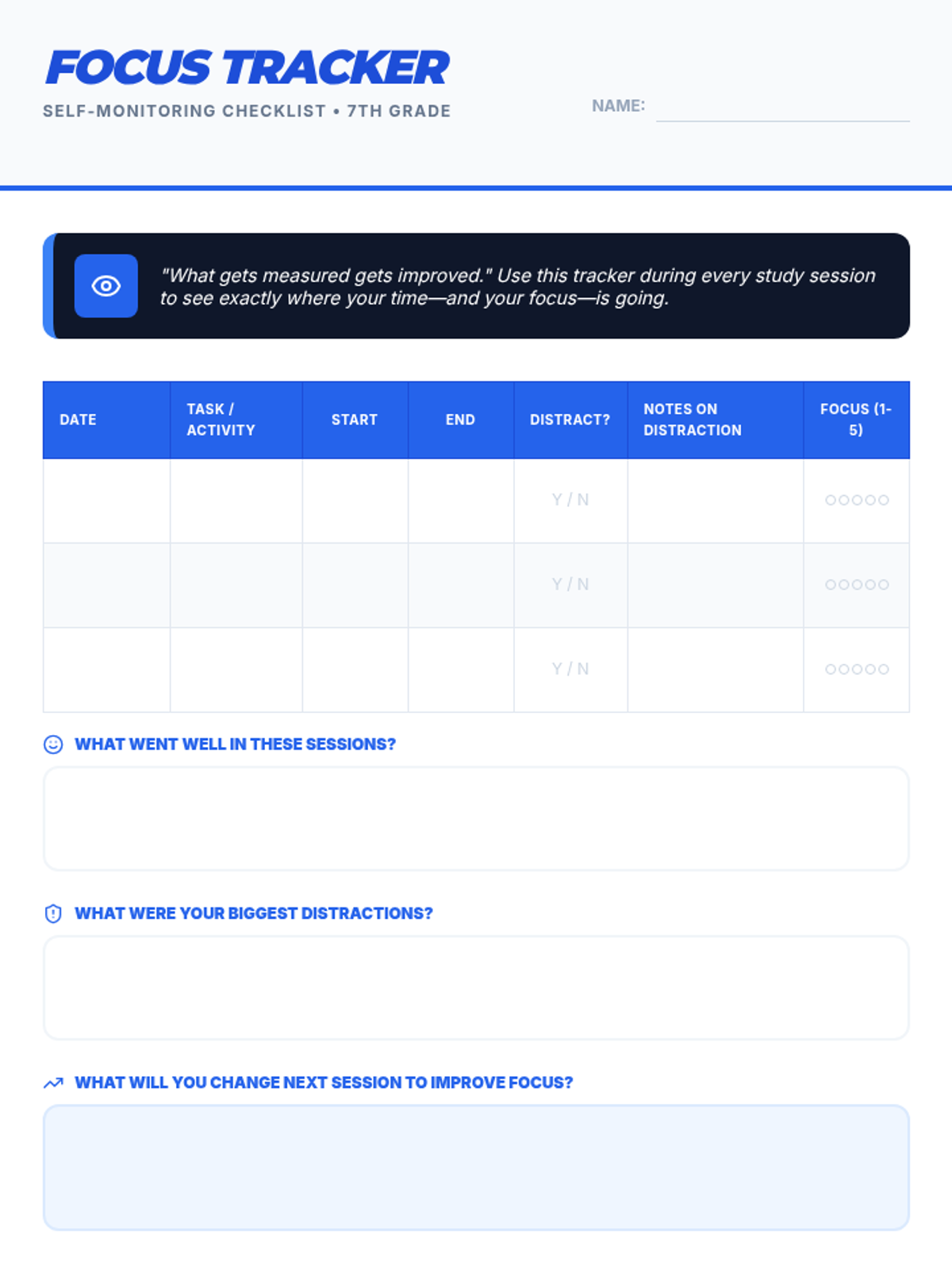 Focus Tracker Checklist Worksheet • Material • Lenny Learning