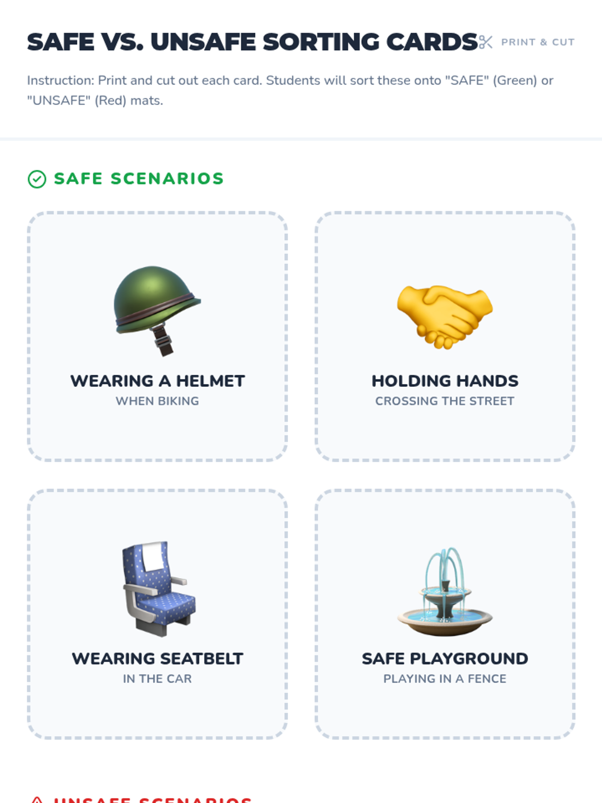 Safe vs. Unsafe Sorting Cards • Material • Lenny Learning