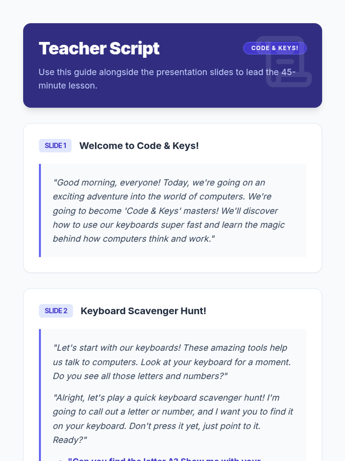 Code and Keys Teacher Script Guide • Material • Lenny Learning