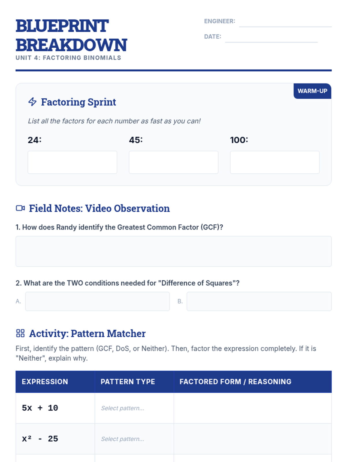Blueprint Breakdown Worksheet • Material • Lenny Learning