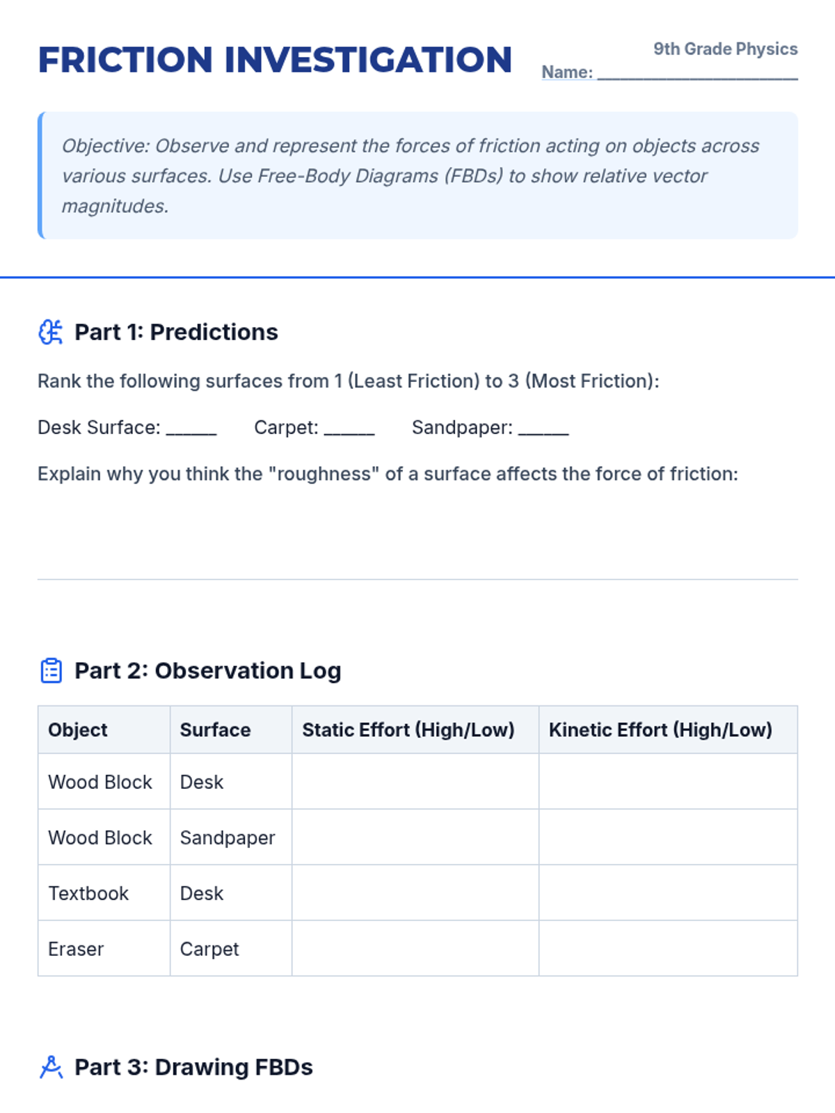 Friction Investigation Worksheet • Material • Lenny Learning
