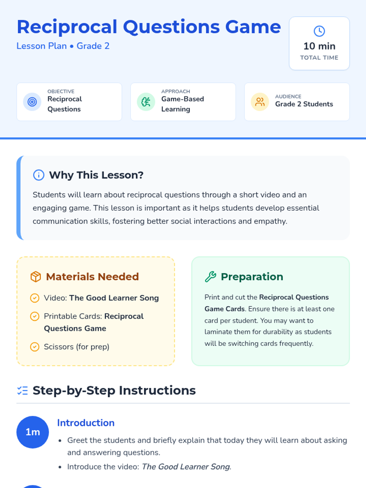 Reciprocal Questions Lesson Plan • Material • Lenny Learning