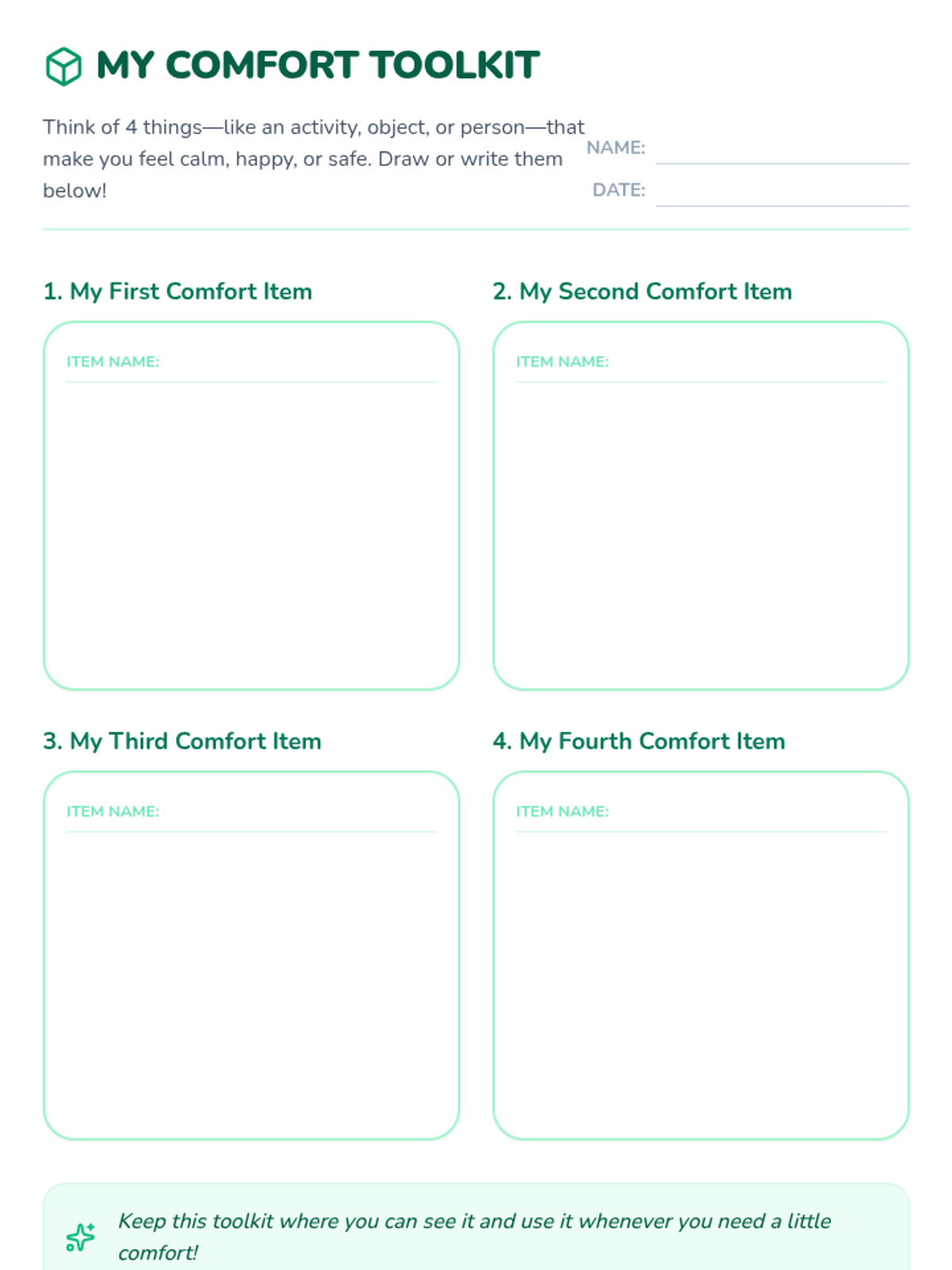 Comfort Toolkit Template Worksheet • Material • Lenny Learning