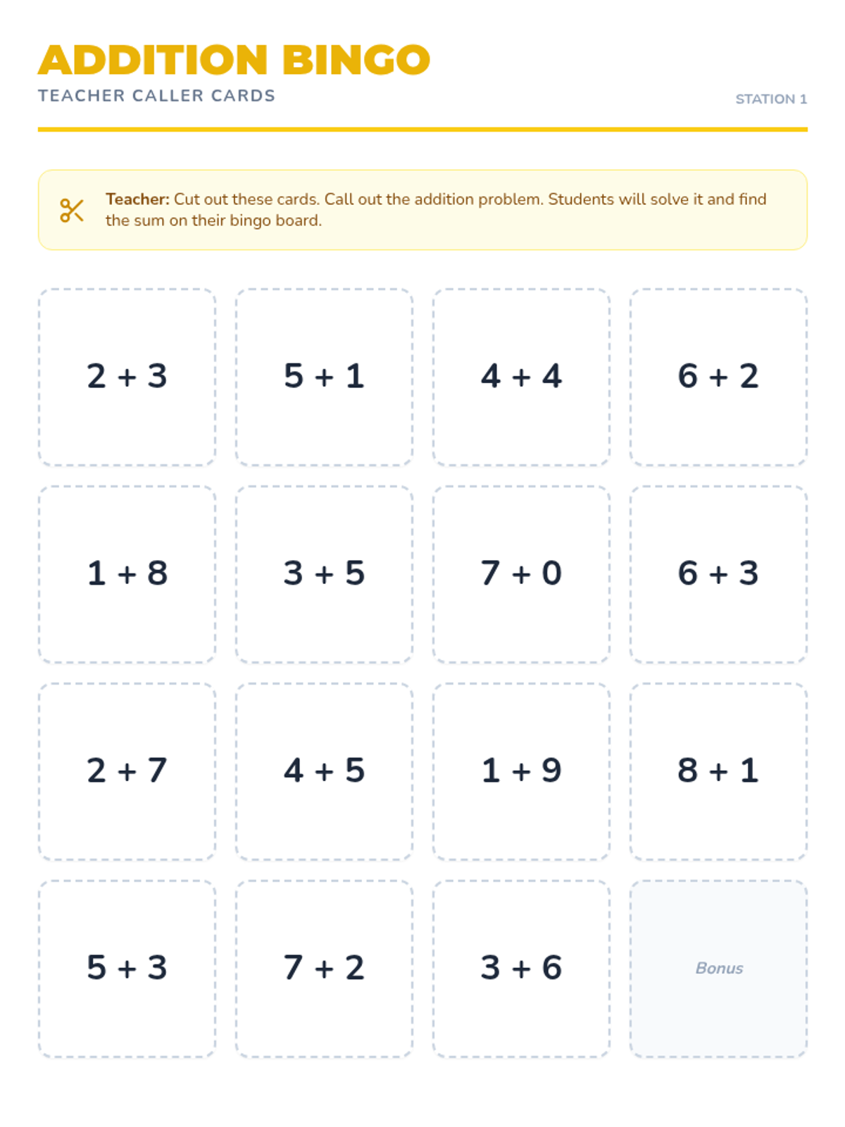 Addition Bingo Cards Worksheet • Material • Lenny Learning
