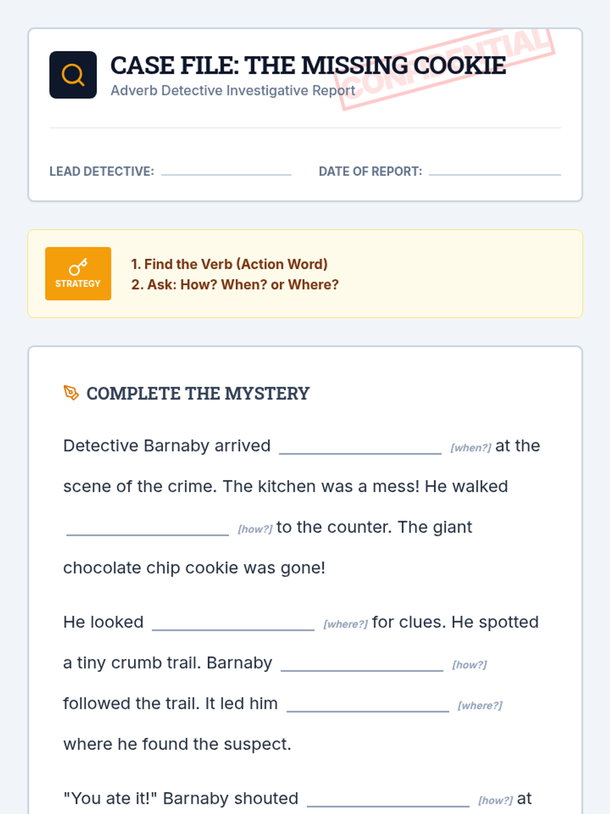 Adverb Detective Cloze Worksheet • Material • Lenny Learning