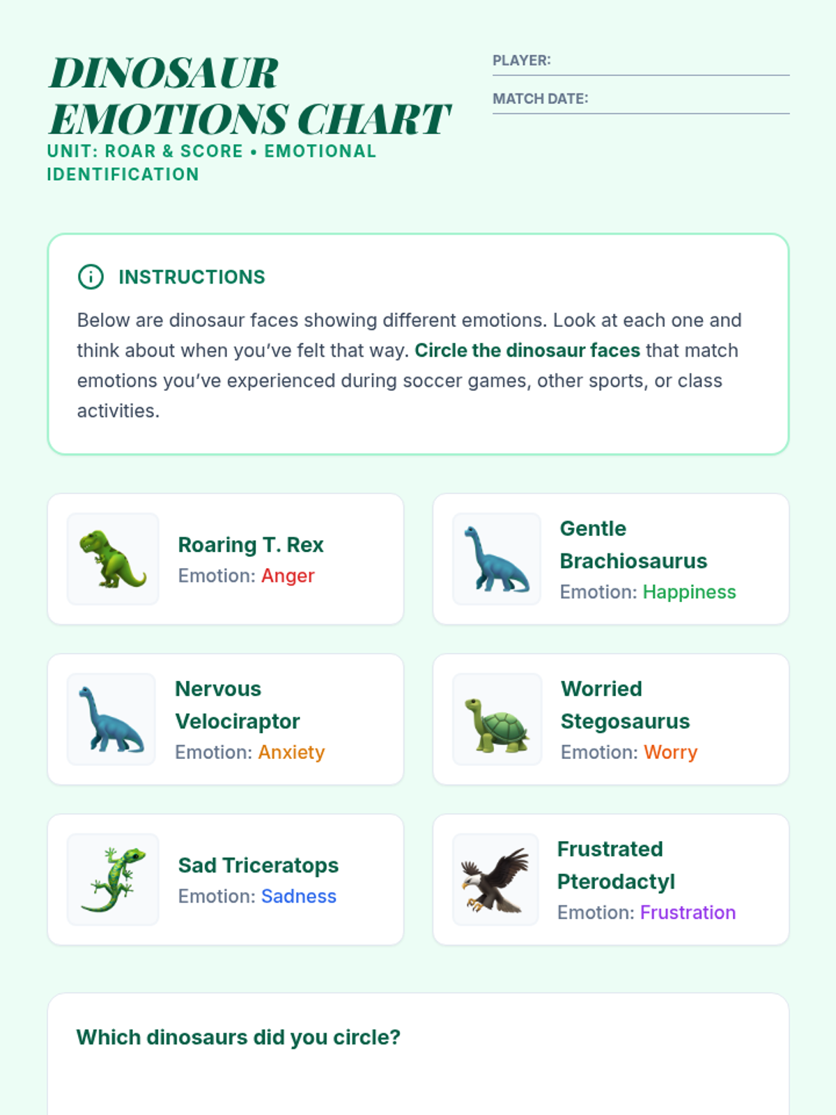 Dinosaur Emotions Chart Worksheet • Material • Lenny Learning