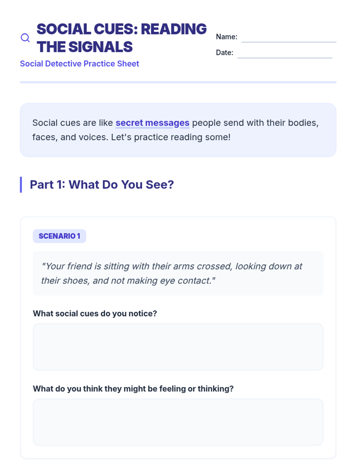 Social Cues Worksheet • Material • Lenny Learning
