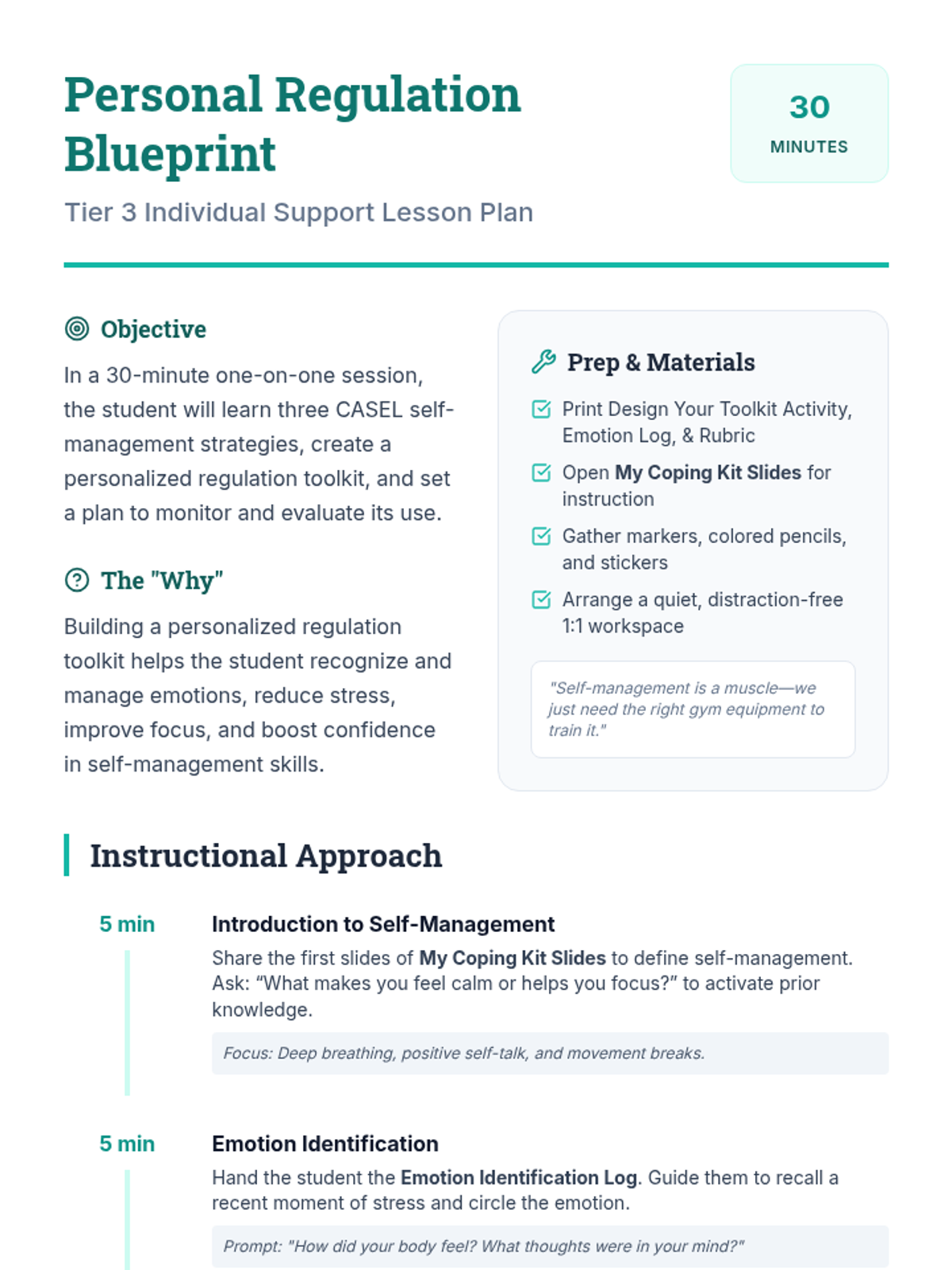 Personal Regulation Blueprint Lesson Plan • Material • Lenny Learning