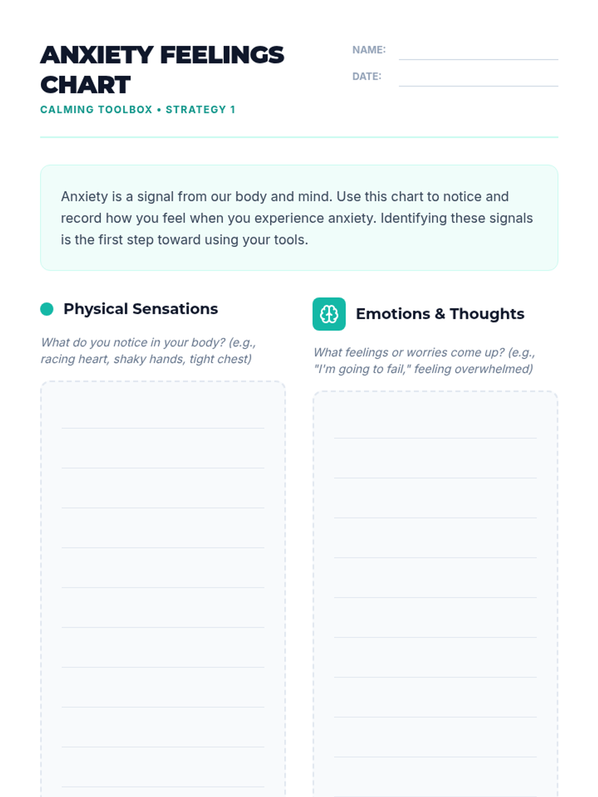 Anxiety Feelings Chart Worksheet • Material • Lenny Learning