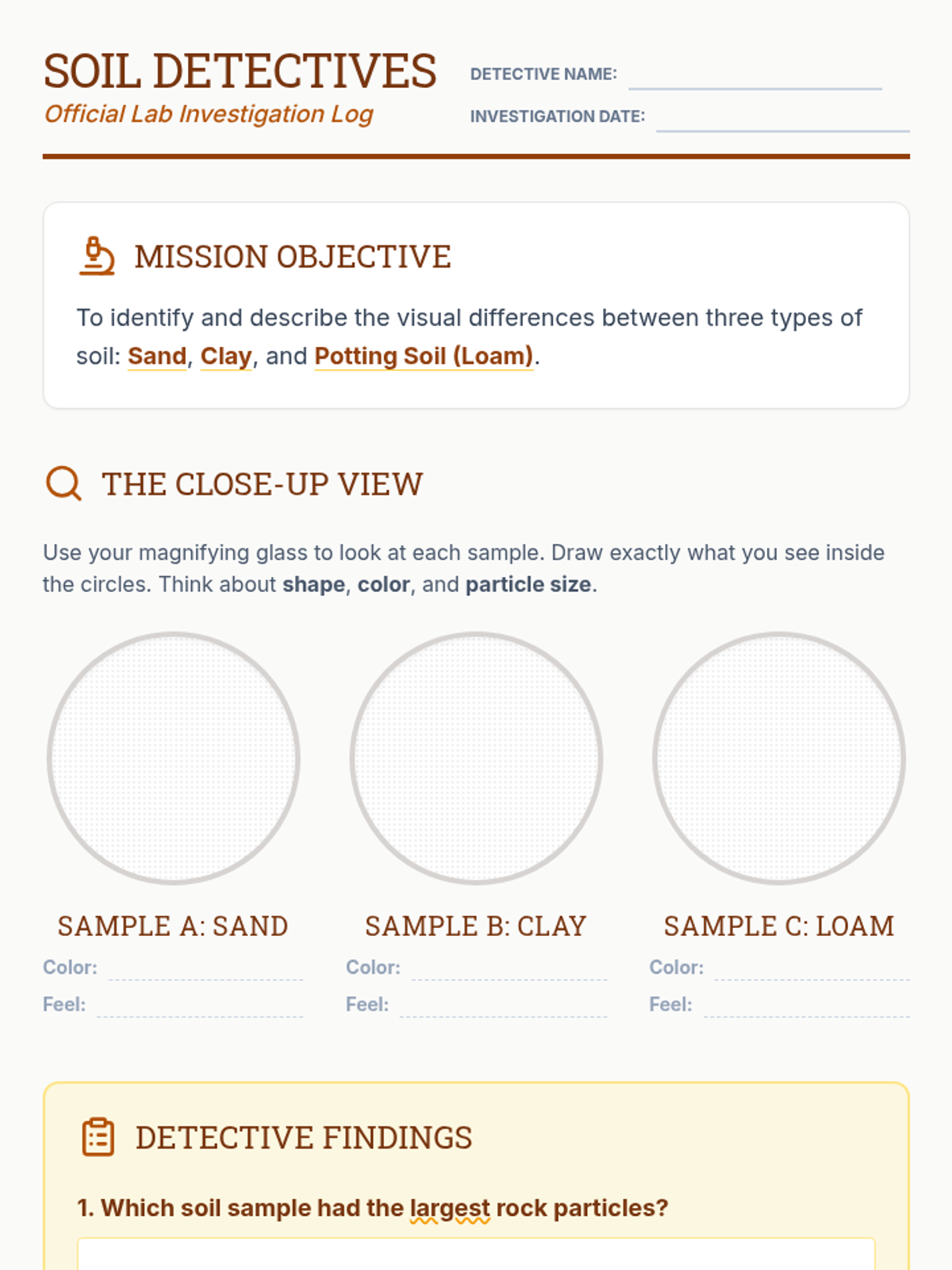Soil Detectives Worksheet • Material • Lenny Learning