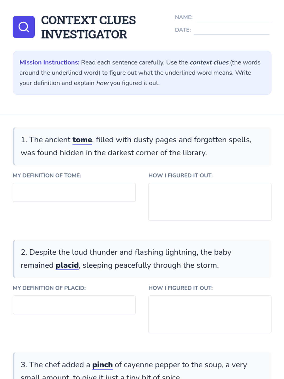 Context Clues Investigator Worksheet • Material • Lenny Learning