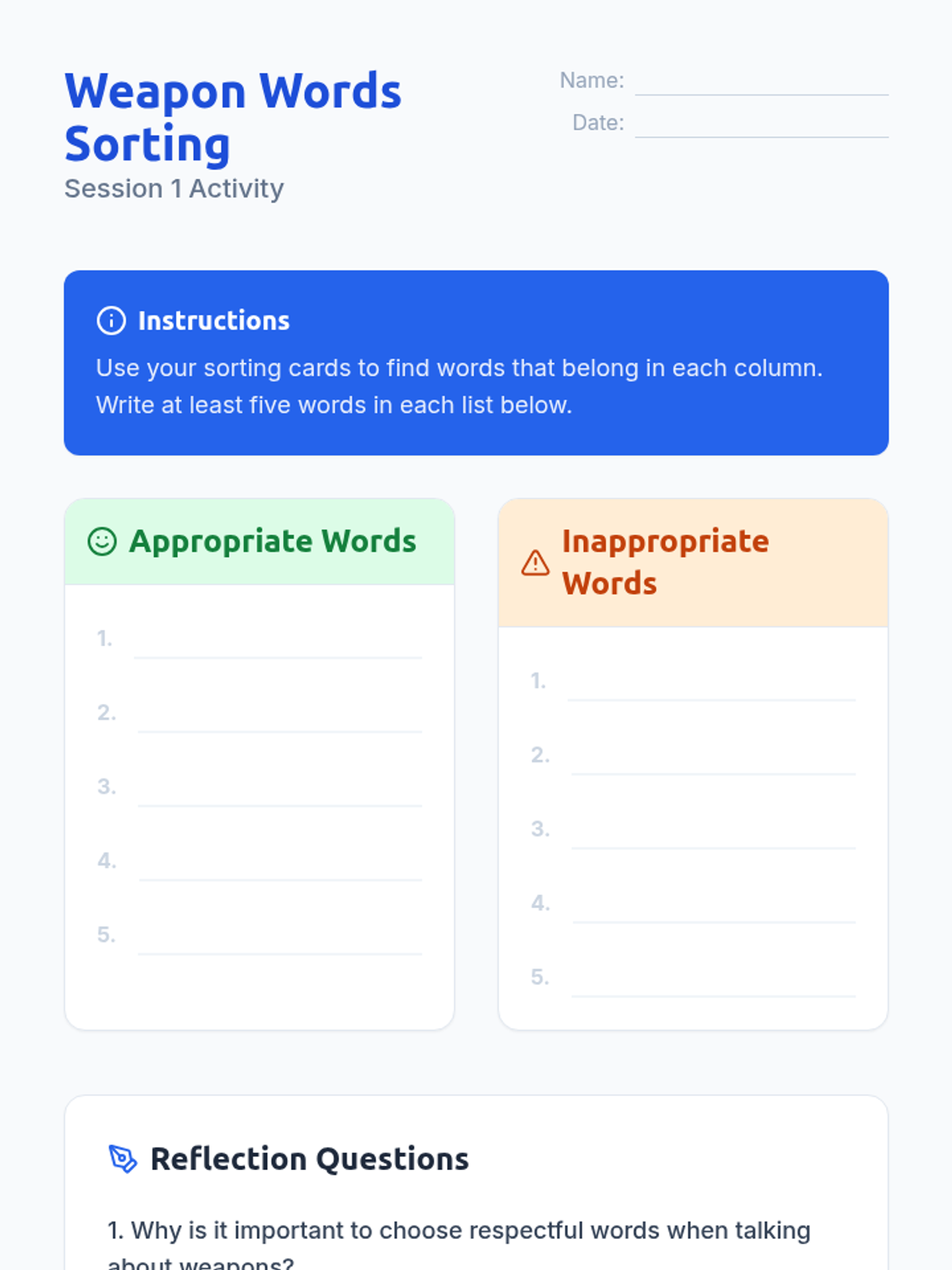 Weapon Words Sorting Worksheet • Material • Lenny Learning