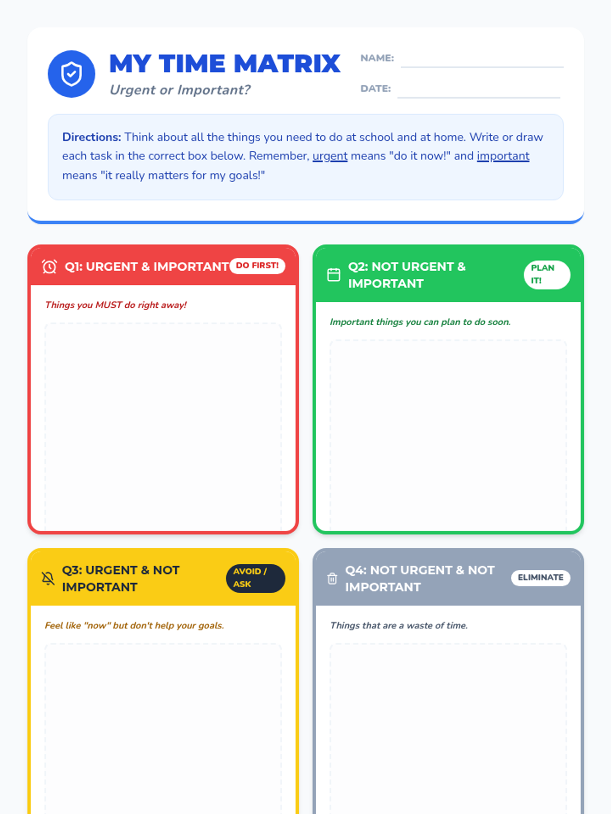 Time Matrix Worksheet • Material • Lenny Learning