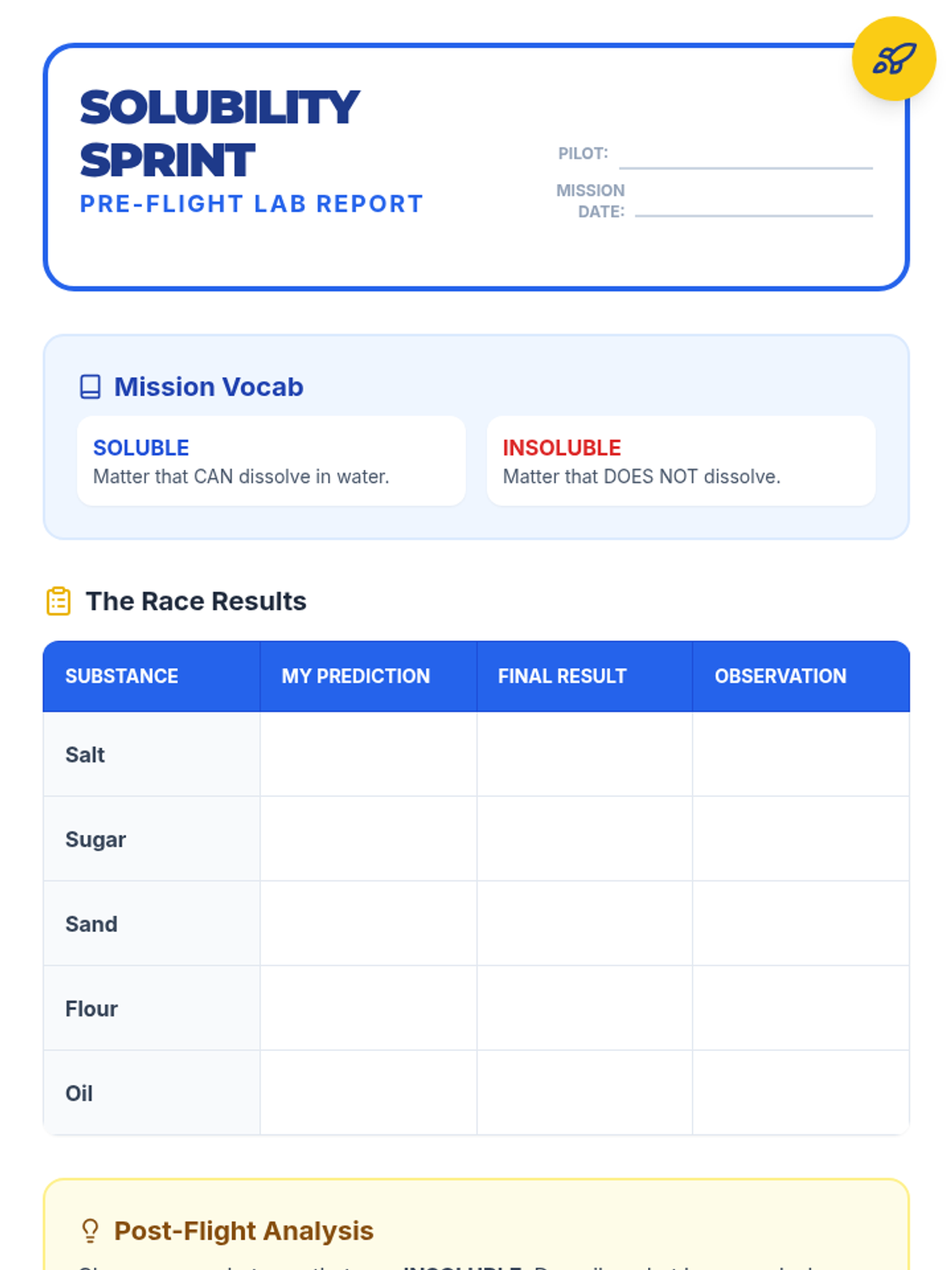 Solubility Sprint Worksheet • Material • Lenny Learning