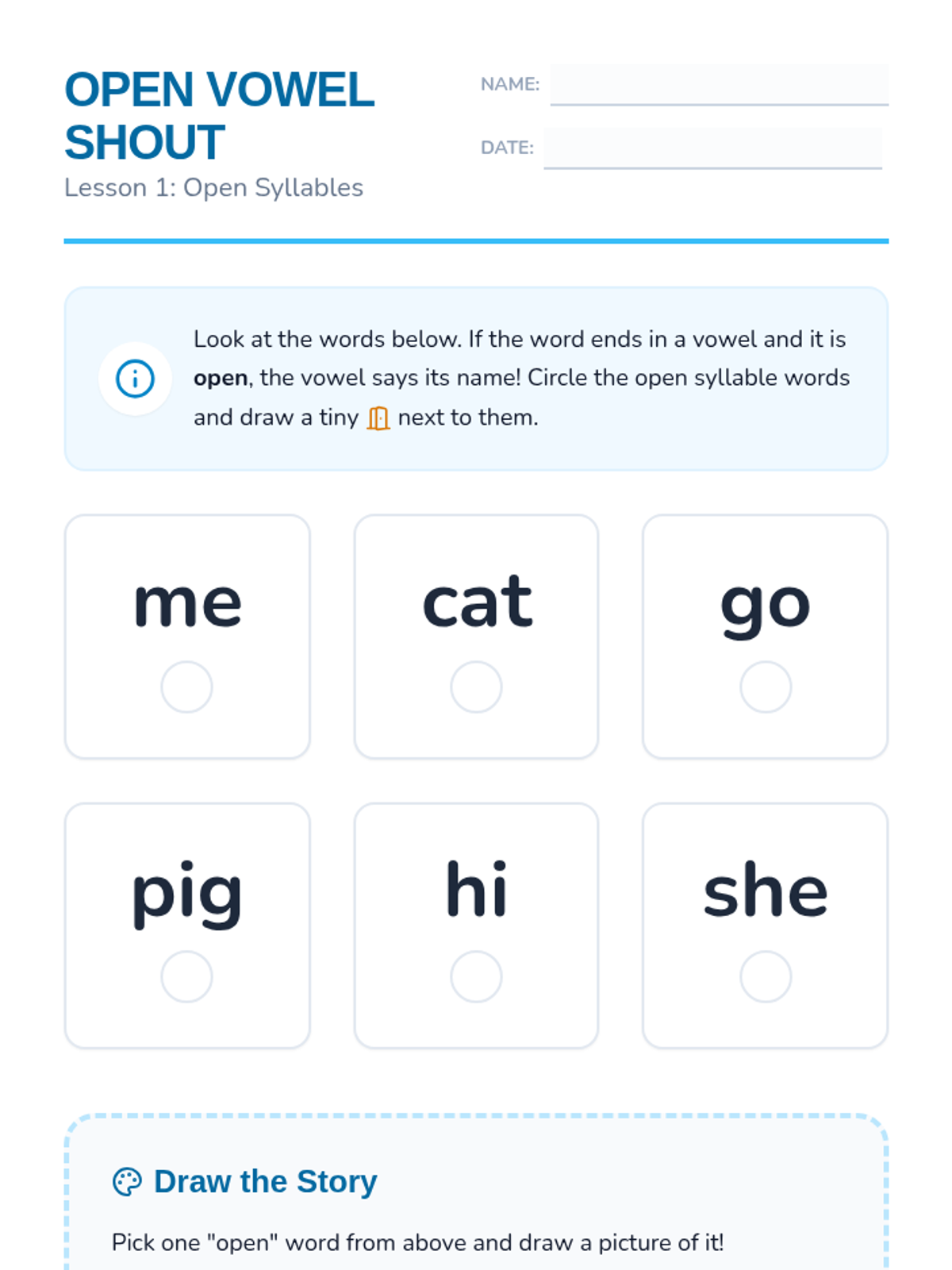 Open Vowel Shout Worksheet • Material • Lenny Learning