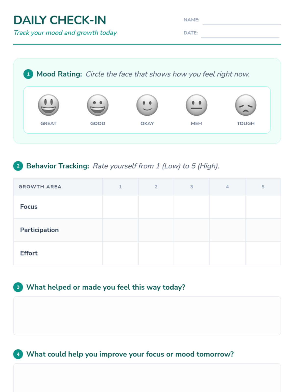Daily Check In Sheet Worksheet • Material • Lenny Learning
