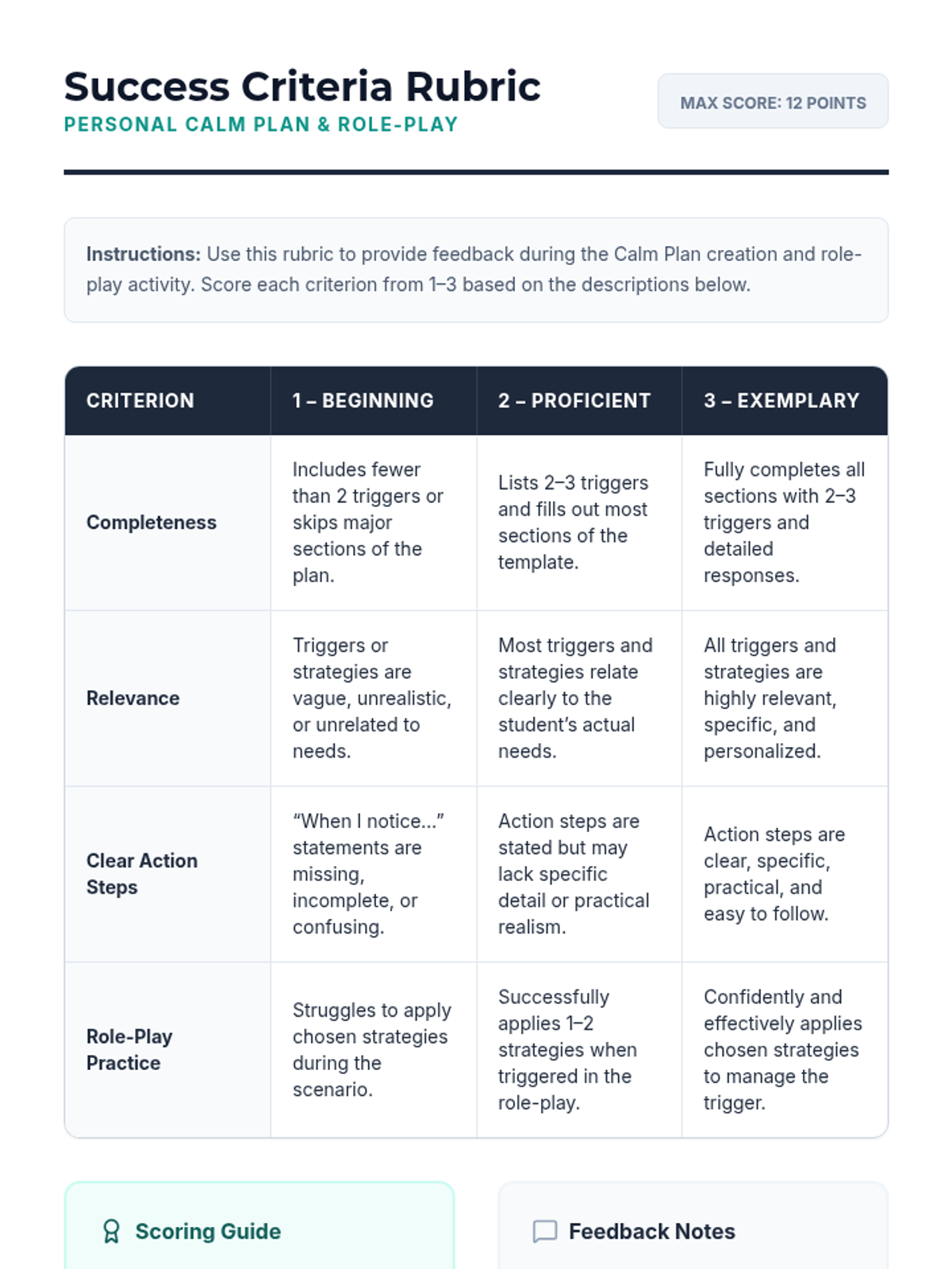 Calm Plan Success Criteria Rubric • Material • Lenny Learning