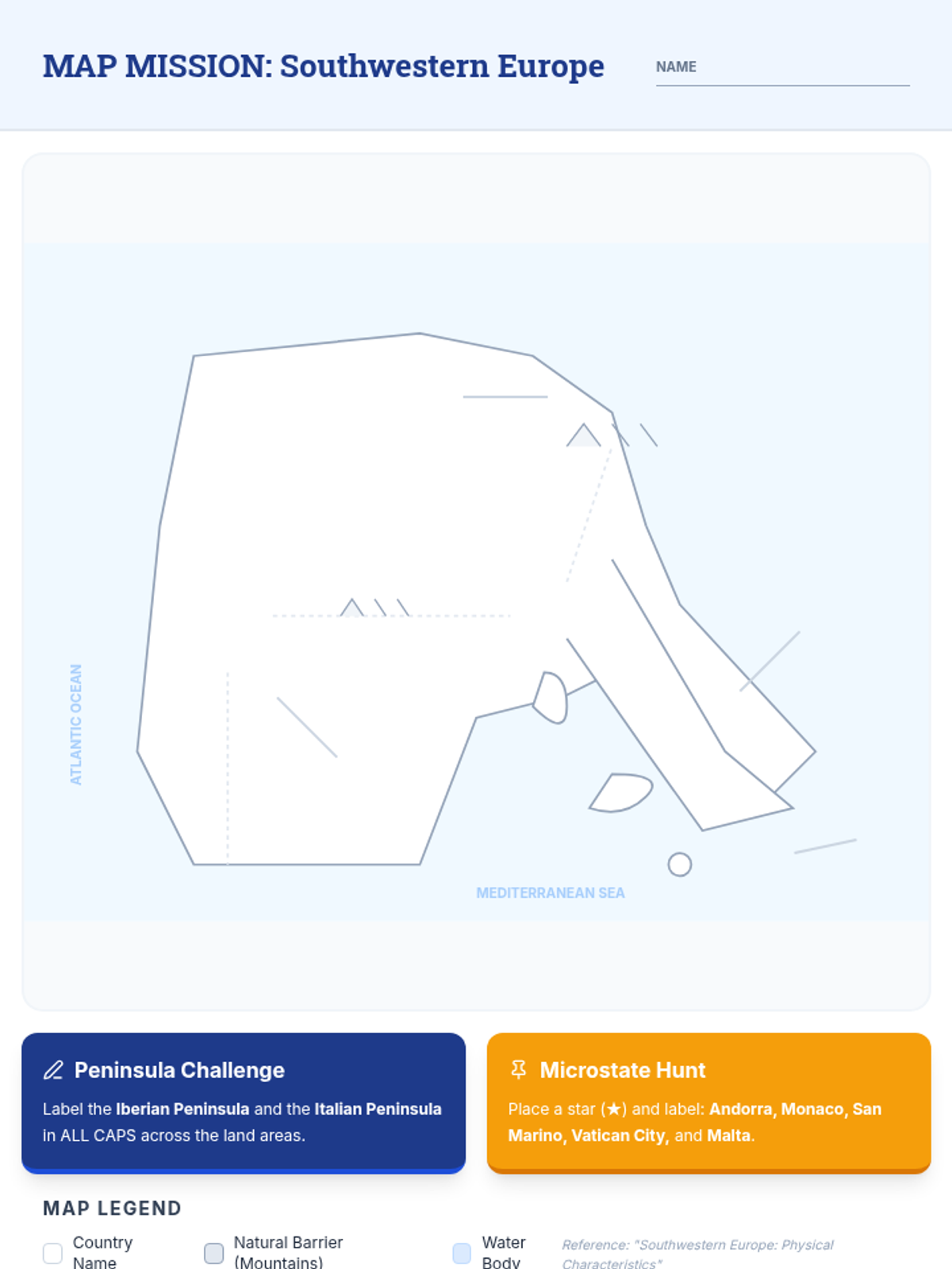SW Europe Map Labeling Activity • Material • Lenny Learning