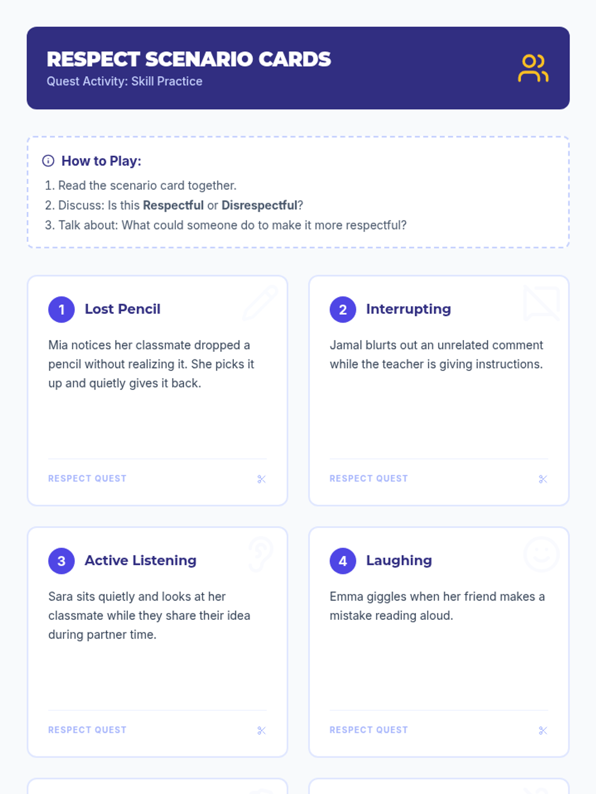 Respect Scenarios Cards Activity • Material • Lenny Learning
