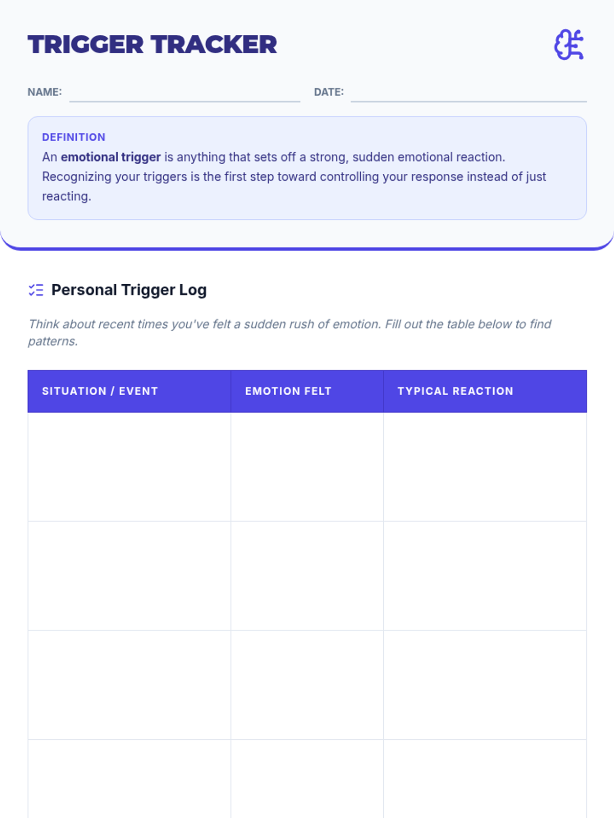 Trigger Tracker Worksheet • Material • Lenny Learning