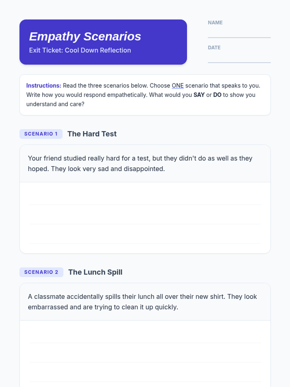Empathy Scenarios Cool Down • Material • Lenny Learning