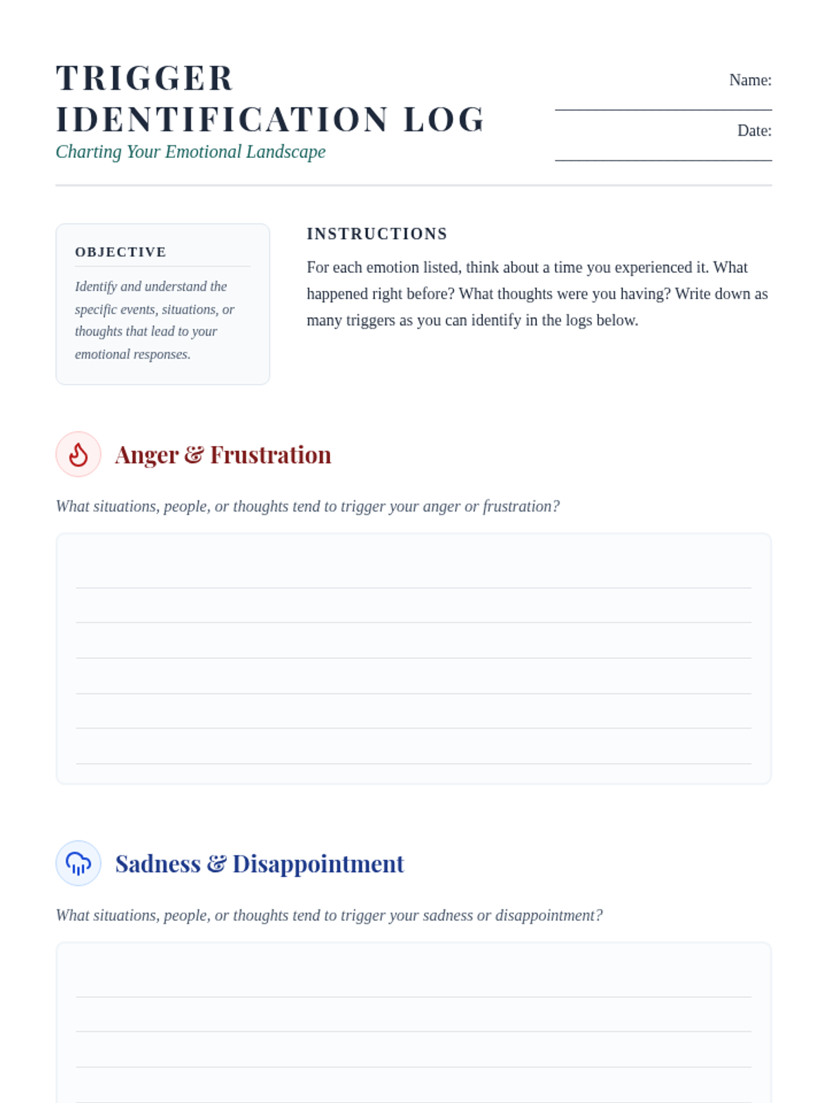 Trigger Identification Log Worksheet • Material • Lenny Learning